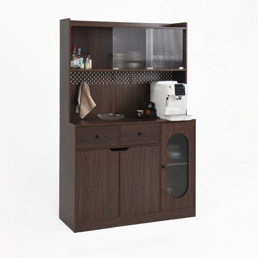 Latitude Run® 71"Tall Kitchen Pantry Storage Cabinet with Reeded Glass Doors and Microwave Stand ...